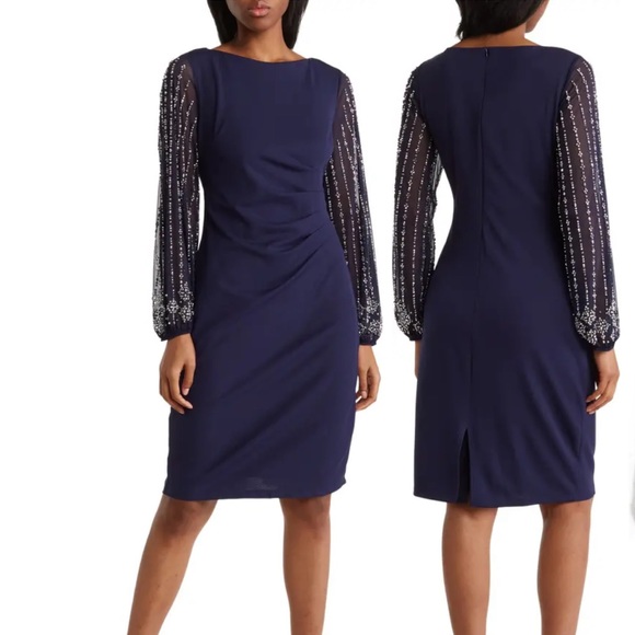 MARINA | Dresses | Marina Long Sleeve Formal Beaded Chiffon Dress ...